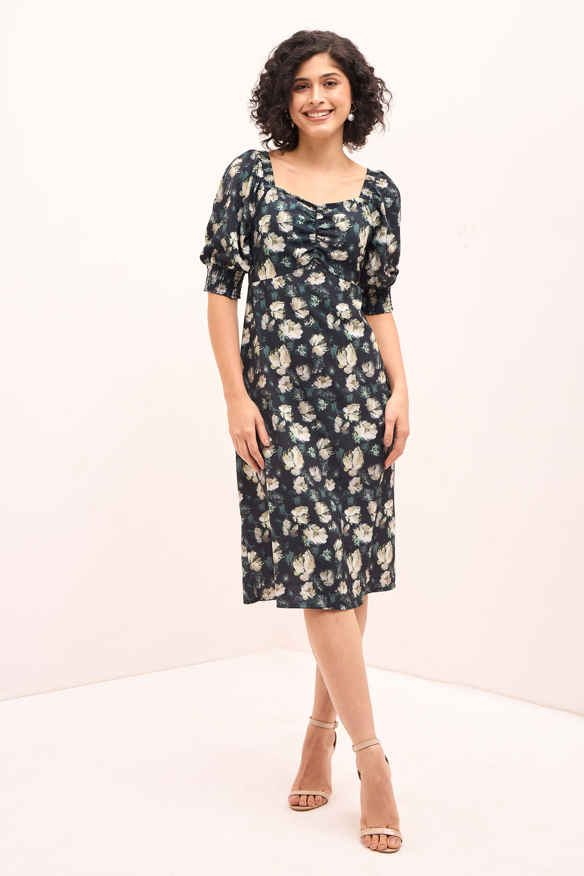 Buy Dusky Floral Ruched Dress - Multicolor Color | Dresses for Women ...